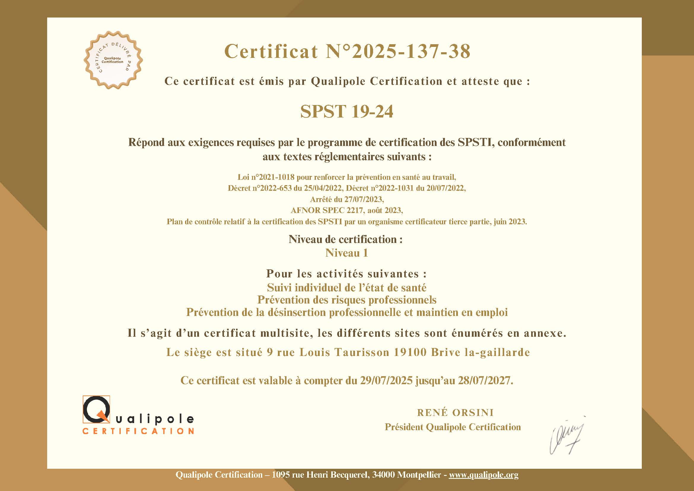 Certification AFNOR 2025 – SPST 19 24
